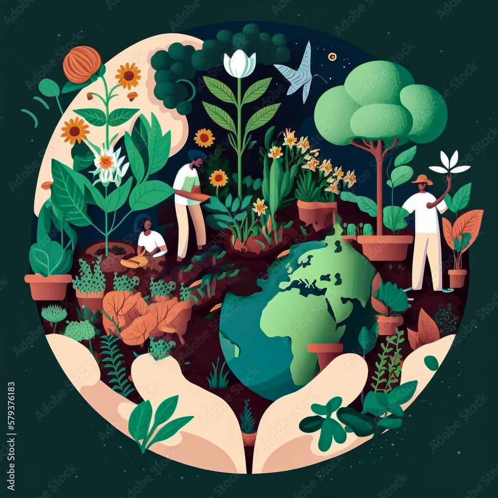 group of people participating in community garden project, planting and ...