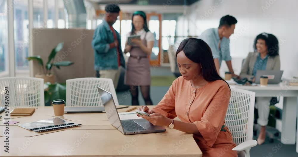 Business, black woman thinking and laptop for digital marketing, typing ...