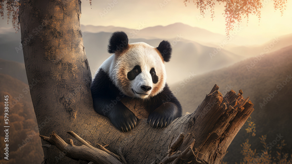 A giant panda sits on a tree at sunset. Rare panda in the wild in China ...
