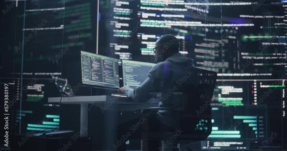 Portrait of a Black Man Working on Computer, Typing Lines of Code that ...
