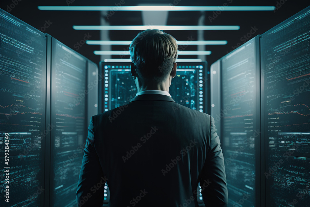 Data center and computer servers with information background, man view ...