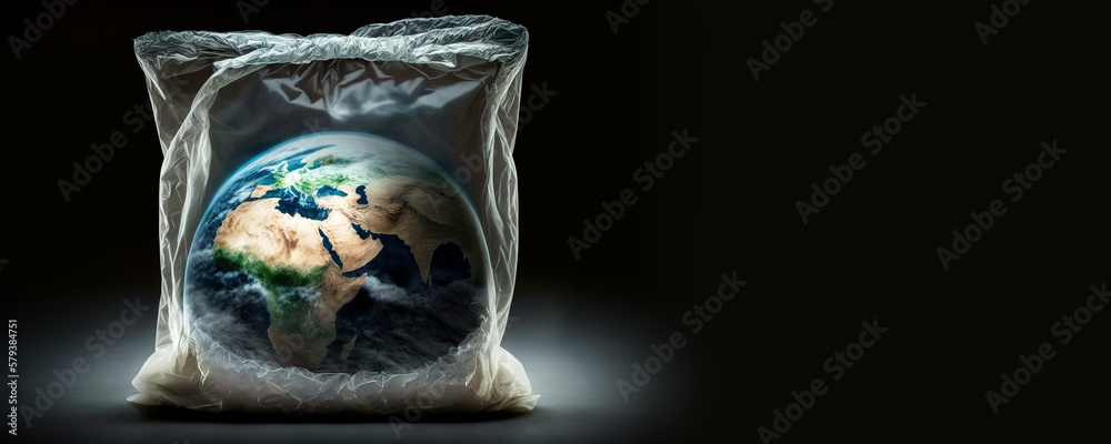 Planet earth wrapped in plastic bag banner. Save environment and ...