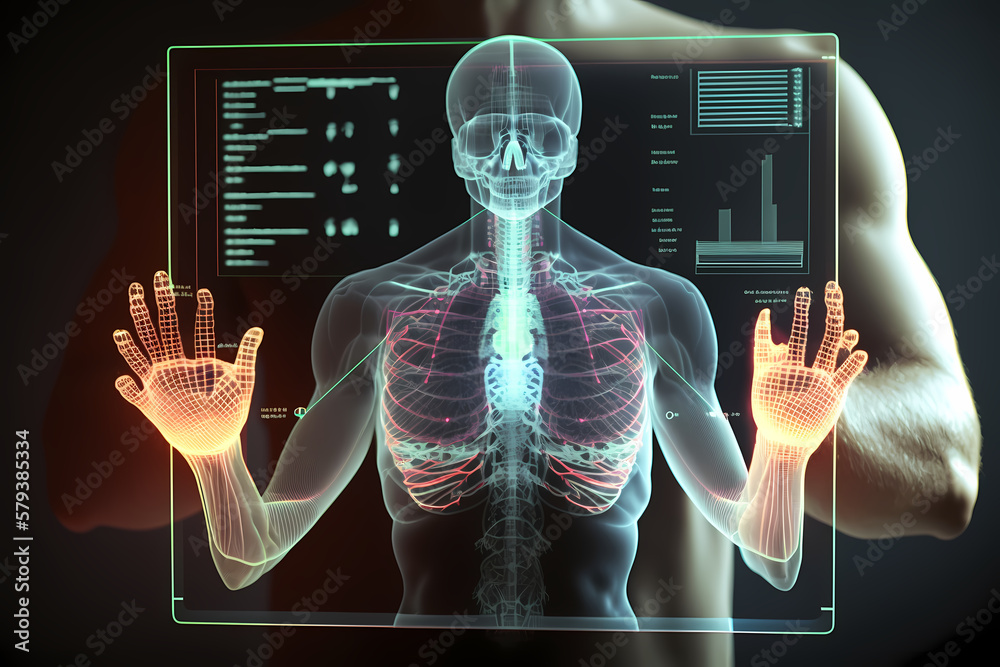 Man hands holding a digital screen with the projection of a human body ...