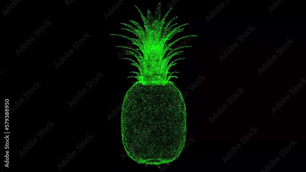 Stockvideon 3D pineapple rotates on black bg. Object dissolved green ...