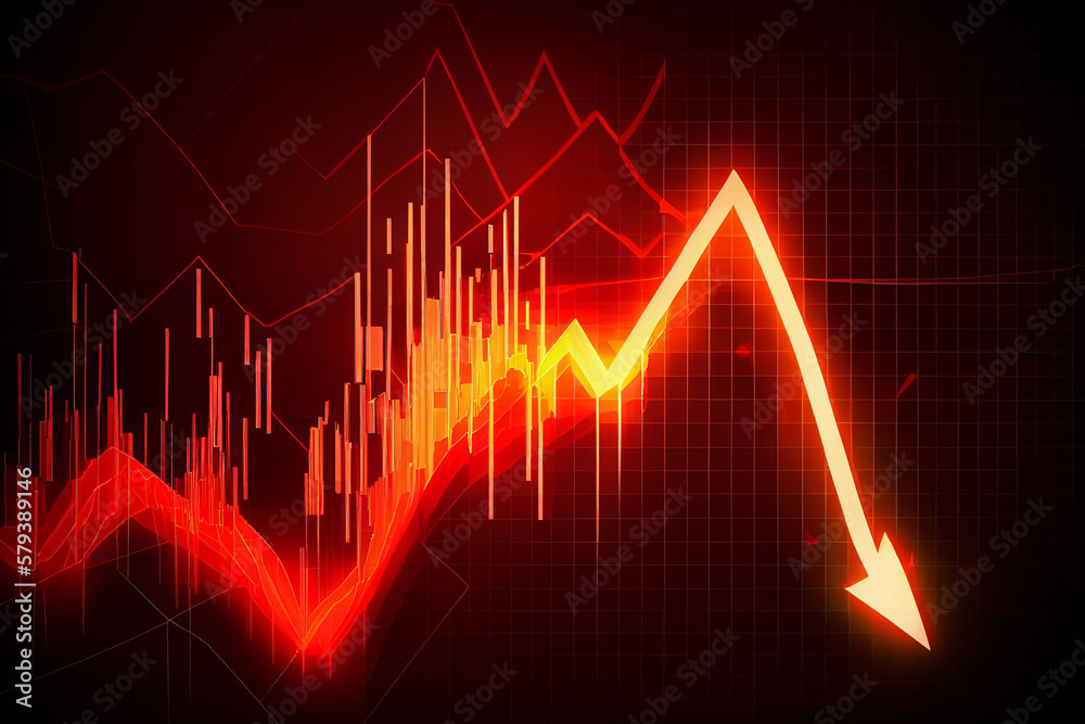financial market graph chart going down trend Red arrow down with fire ...