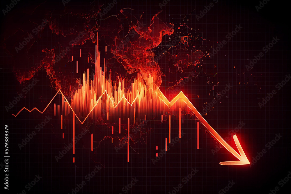 financial market graph chart going down trend Red arrow down with fire ...