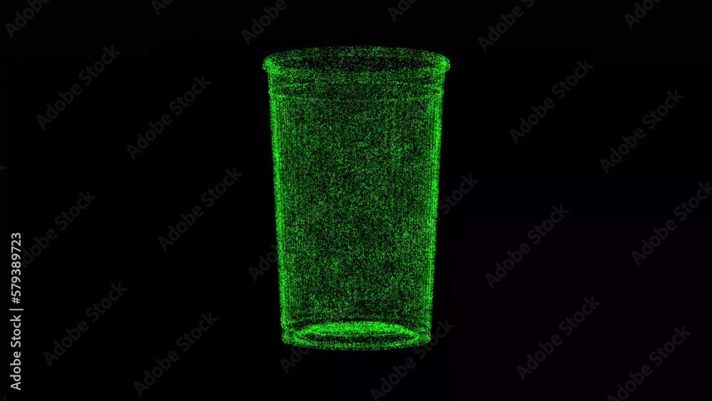3D paper cup rotates on black bg. Object dissolved green flickering ...