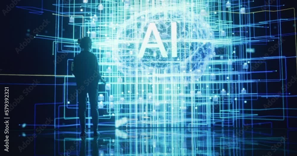 Back View of a Woman Holding Laptop Computer, Walking Towards a Big ...