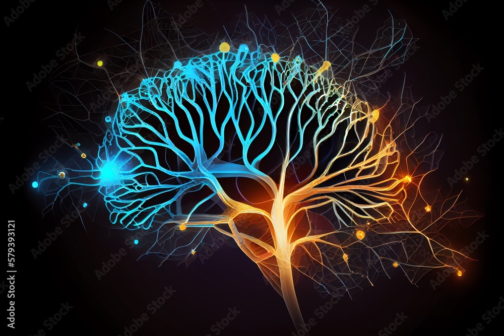 Glowing brain background with neural links network. Illustration representing artificial ...
