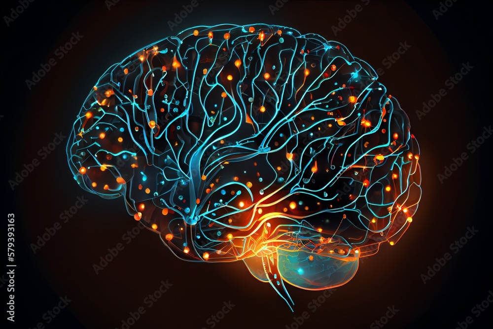 Glowing brain background with neural links network. Illustration representing artificial ...