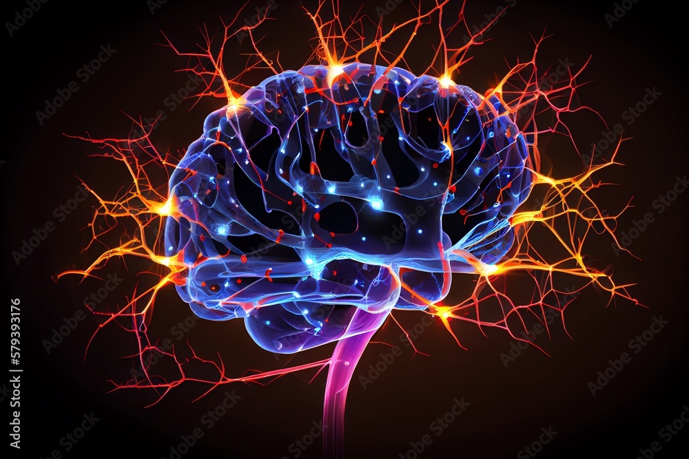 Glowing brain background with neural links network. Illustration representing artificial ...