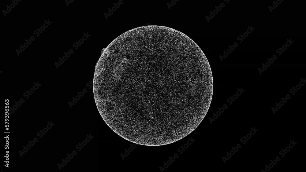 3D sad ball rotates on black bg. Object dissolved white flickering ...