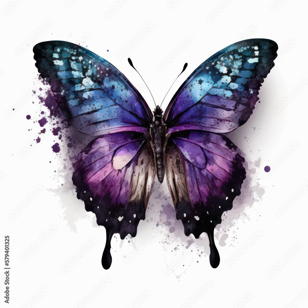 Beautiful purple butterfly, top view. Watercolor illustration of a ...
