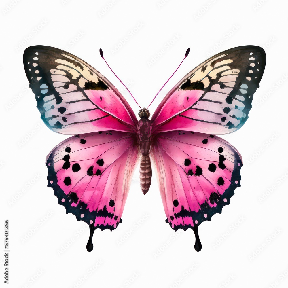 Beautiful pink butterfly, top view. Watercolor illustration of a pink ...