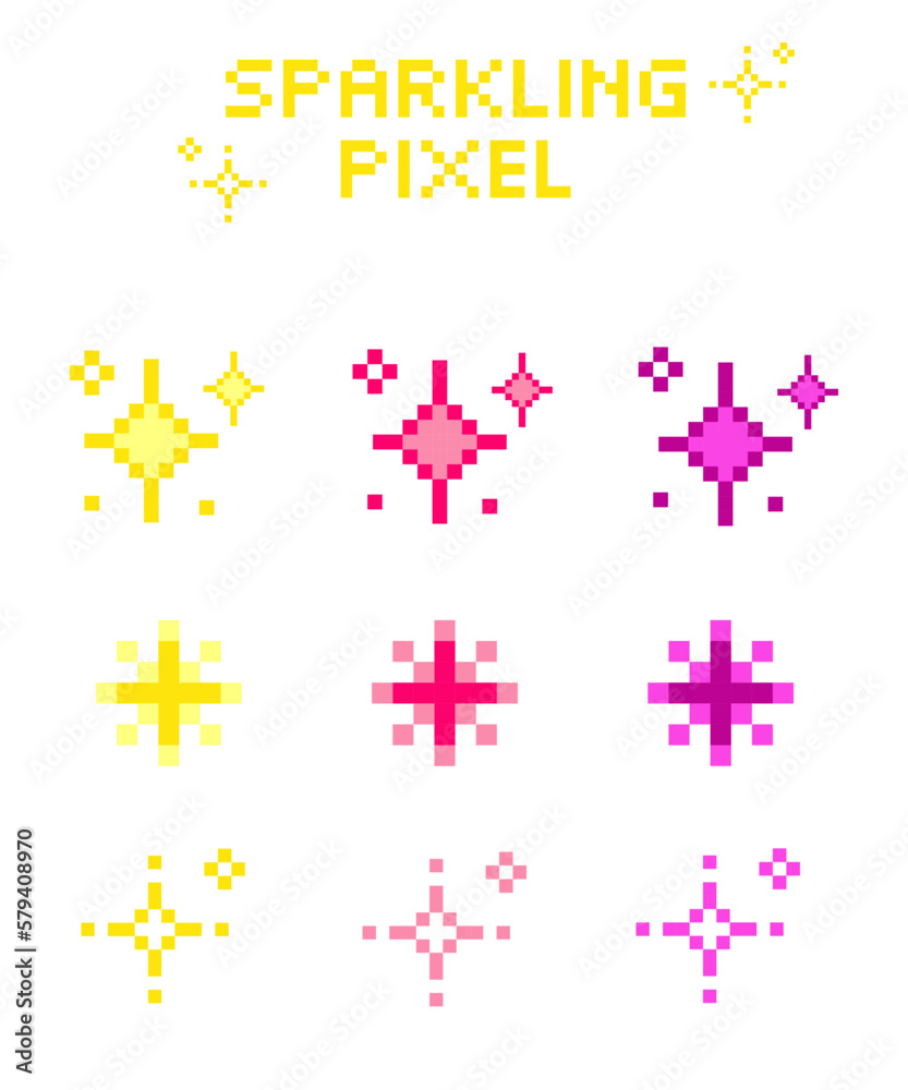 Sparkling pixel set, vector sparkling pixel set, Bright yellow pink ...