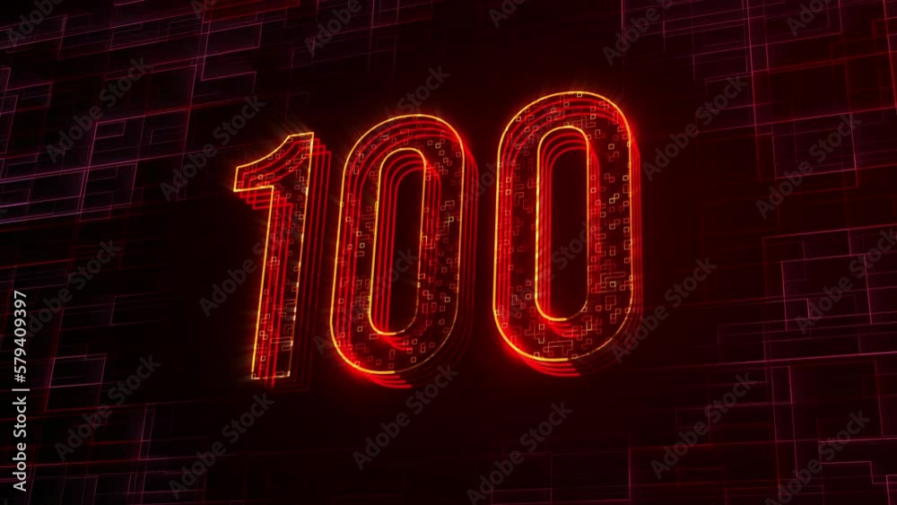 Futuristic Red Yellow Shine 3D Perspective Motion View 100 Number Text ...