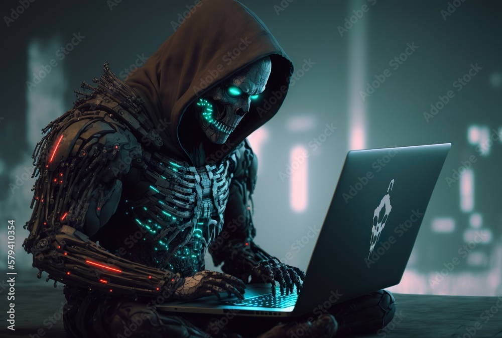 Abstract hooded dark web hacker in skeleton costume, Hidden face hacker ...