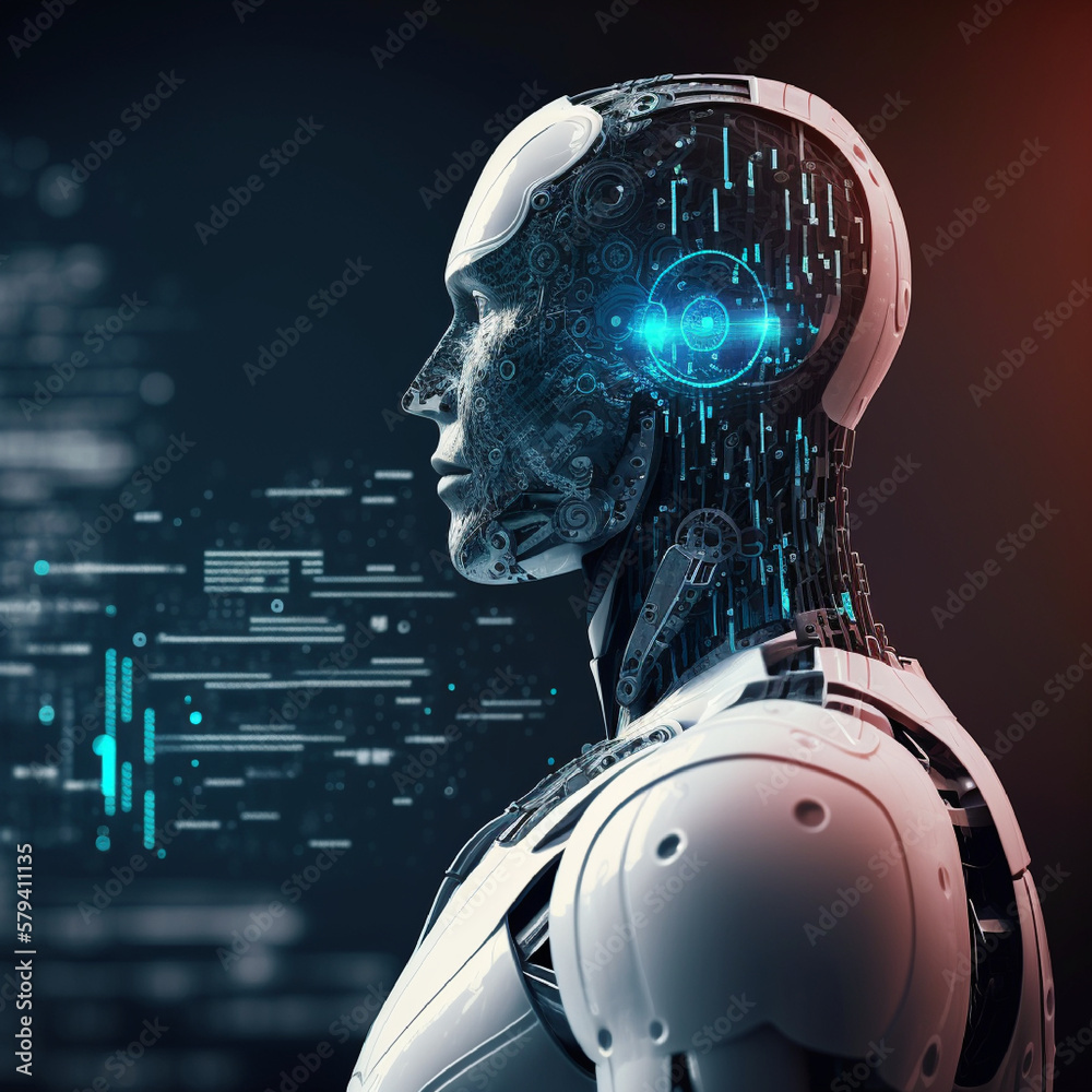 robot cyborg head code, chatbot chat AI concept, artificial intelligence side view AI smart ...