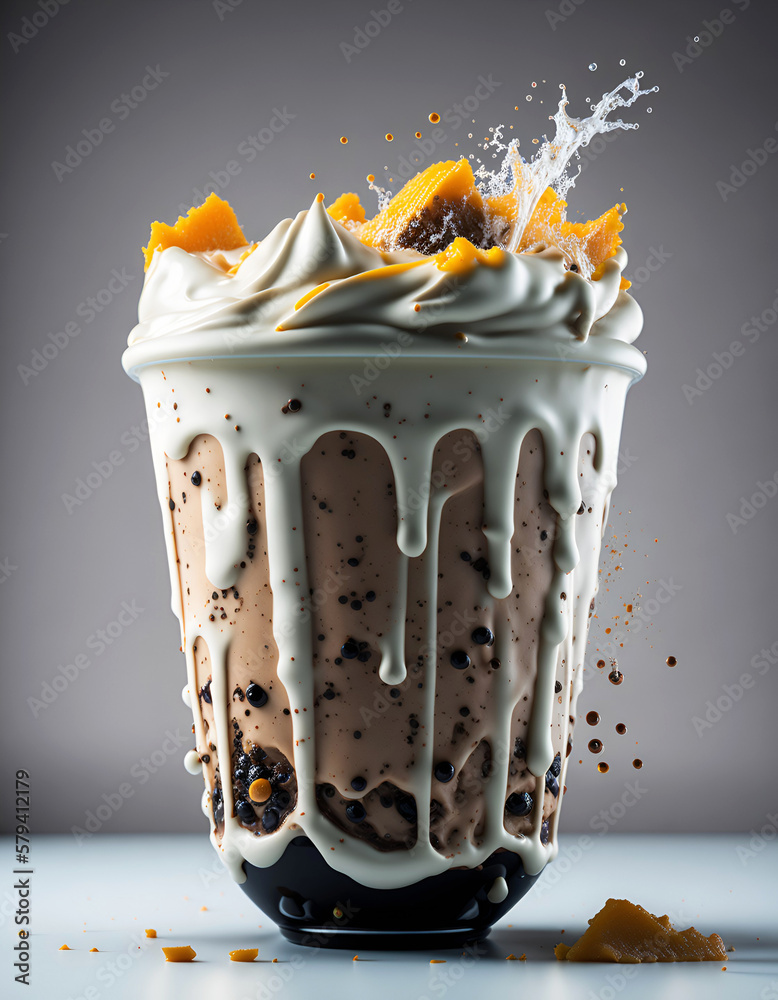 Bubble tea and milk with bright splashes. The drinking water is ...