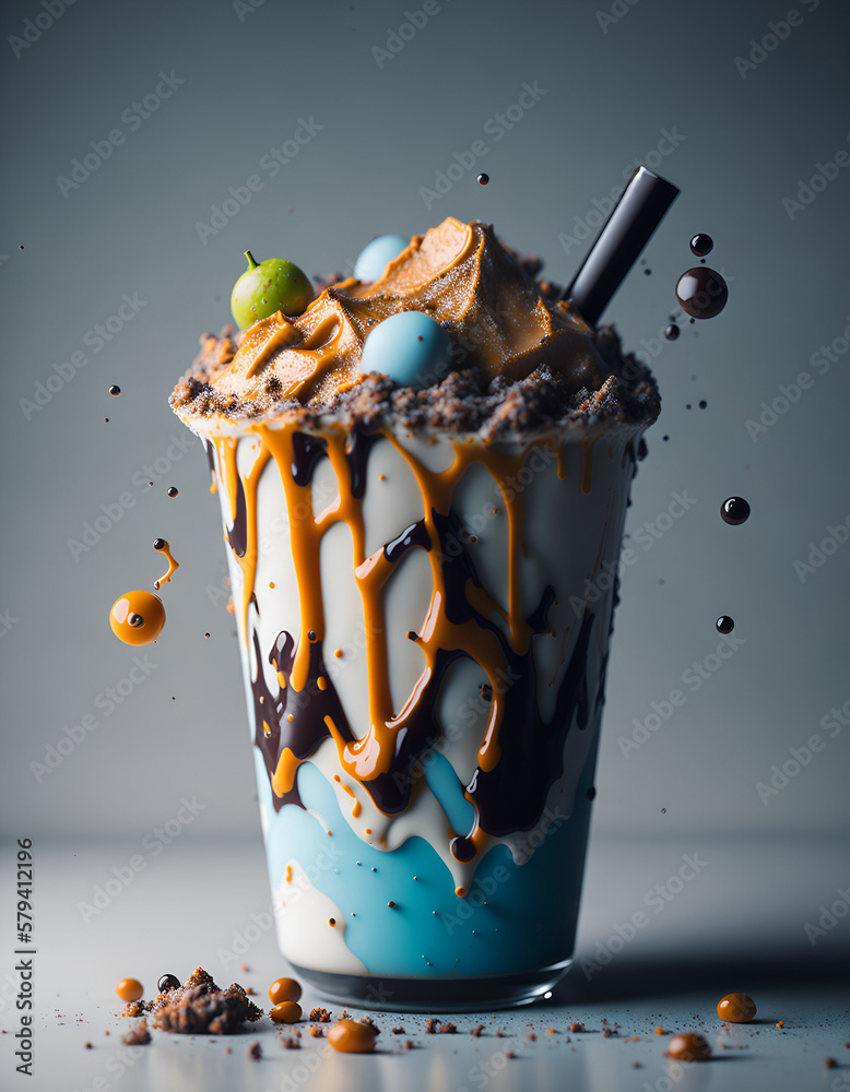 Bubble tea and milk with bright splashes. The drinking water is ...