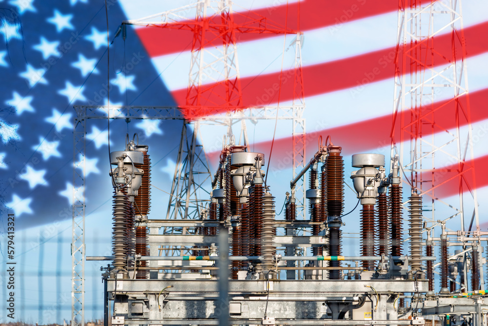 High voltage circuit breaker in a power substation.Electric power ...