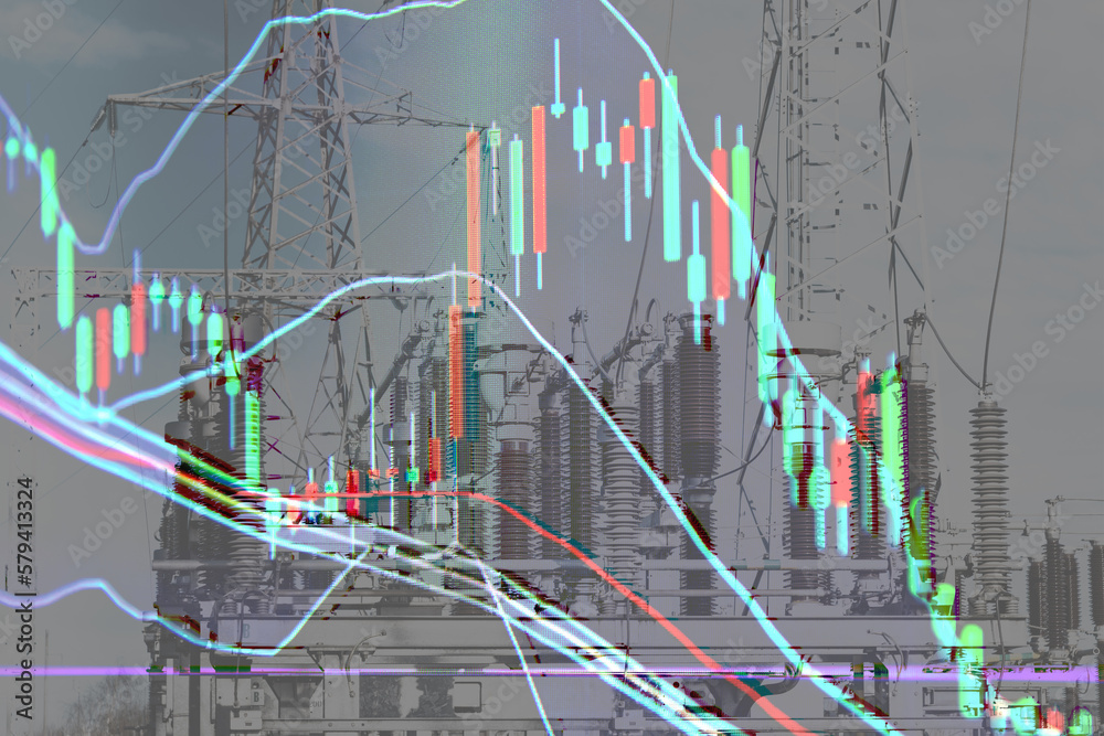 High voltage circuit breaker in a power substation.Electric power transmission lines in the ...