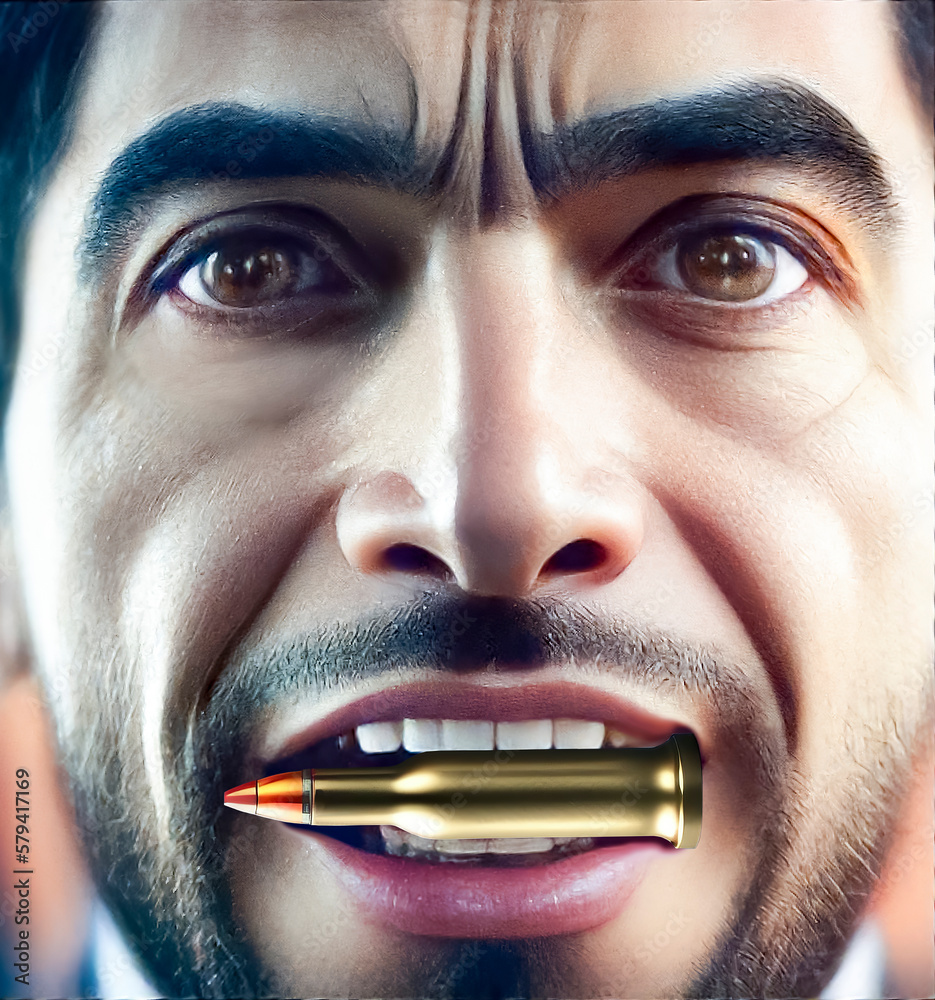 Idiom, Biting the bullet, Portrait of a man with bullet between teeth ...