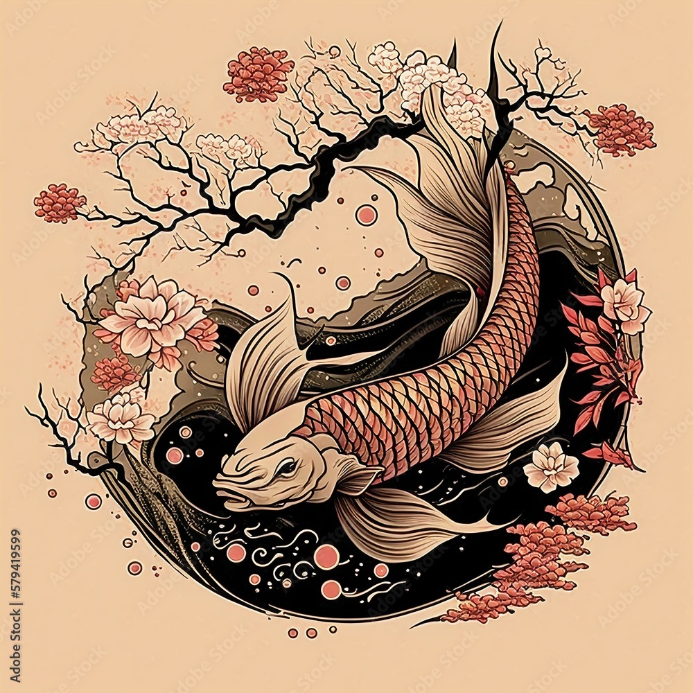 Koi Fish Floating in Ukiyo-e A Japanese Woodblock Print Style ...