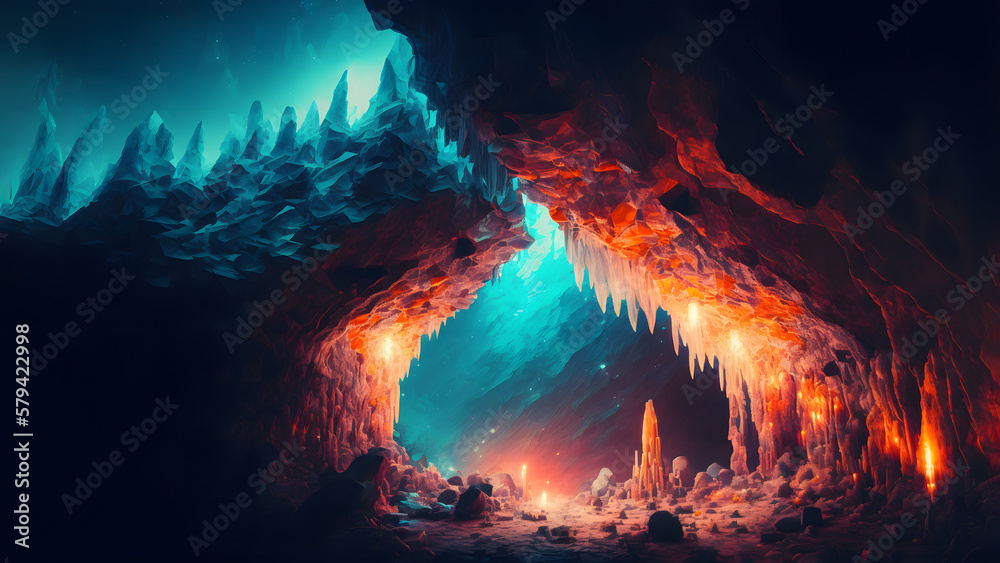 glowing crystal cave tunnel, neural network generated art. Digitally ...