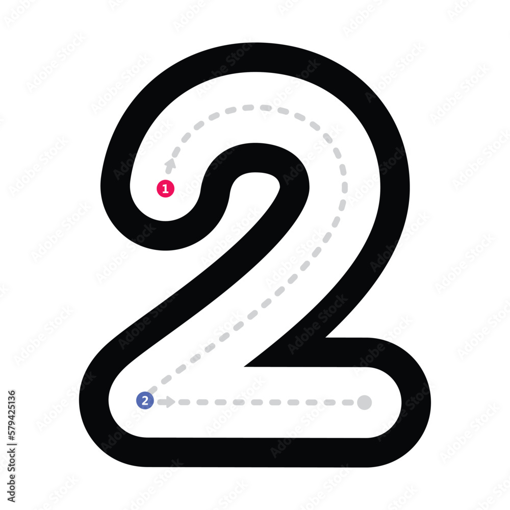 Tracing number 2 prewriting dotted line math worksheet element for ...