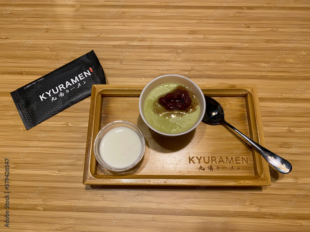 KyuRamen, a Japanese style ramen restaurant chain. Matcha pudding ...