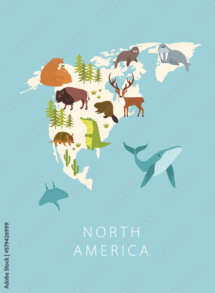 Print. Vector poster "North America" with animals of the continent ...