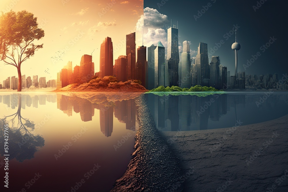 Conceptual of climate change and global warming with melting icebergs ...