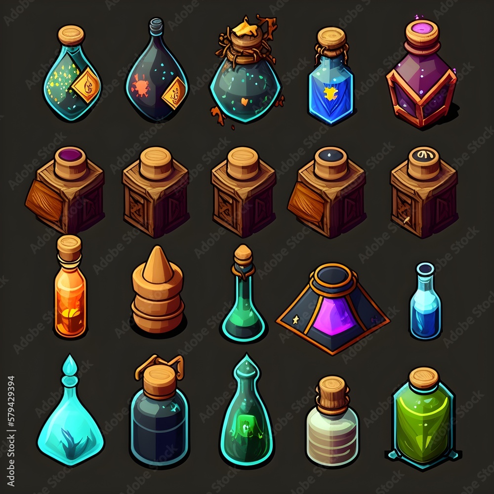 Stockillustratie Set of RPG game icons, sprite sheet of magic potions ...