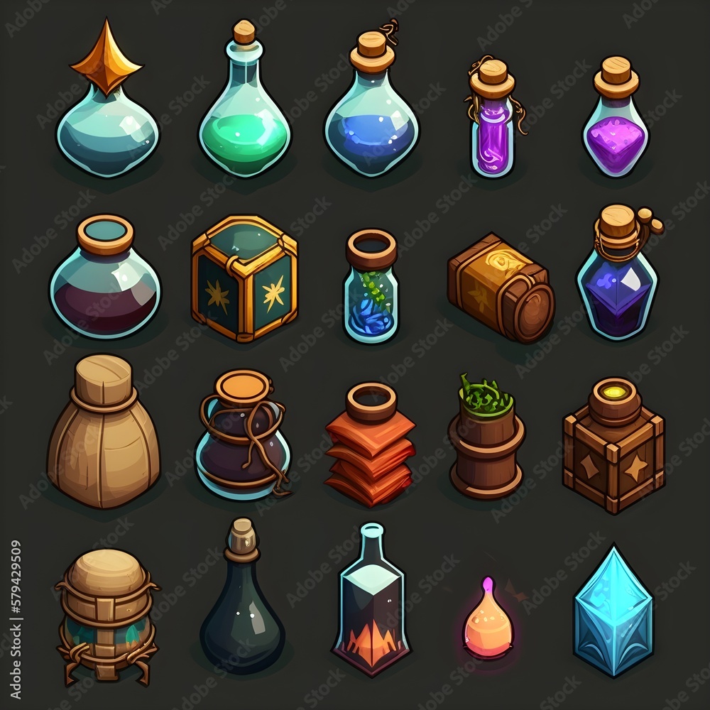 Set of RPG game icons, sprite sheet of magic potions, generative ai, 2d ...
