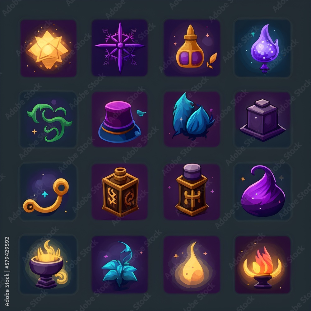 Set of game icons, square magic spell sprite icons texture, generative ...