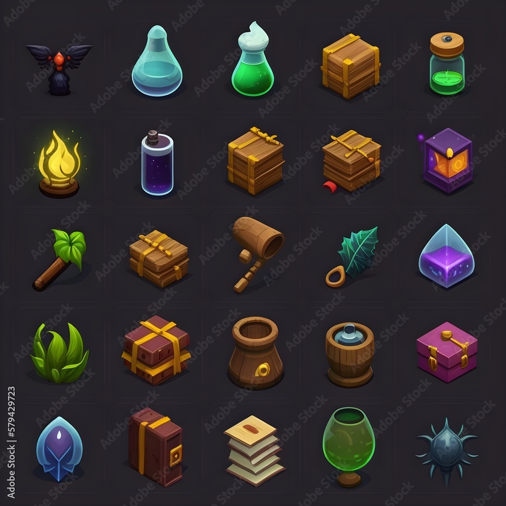 Set of game icons, square magic spell sprite icons texture, generative ...