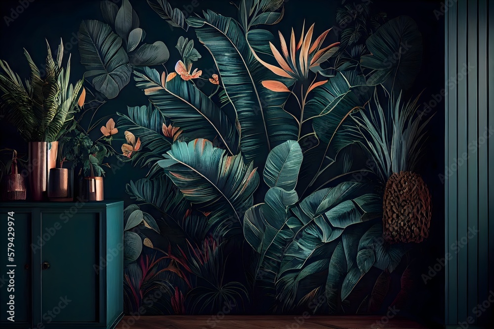 Tropical leaves wallpaper for Hotel living room, Classic tropical plant ...