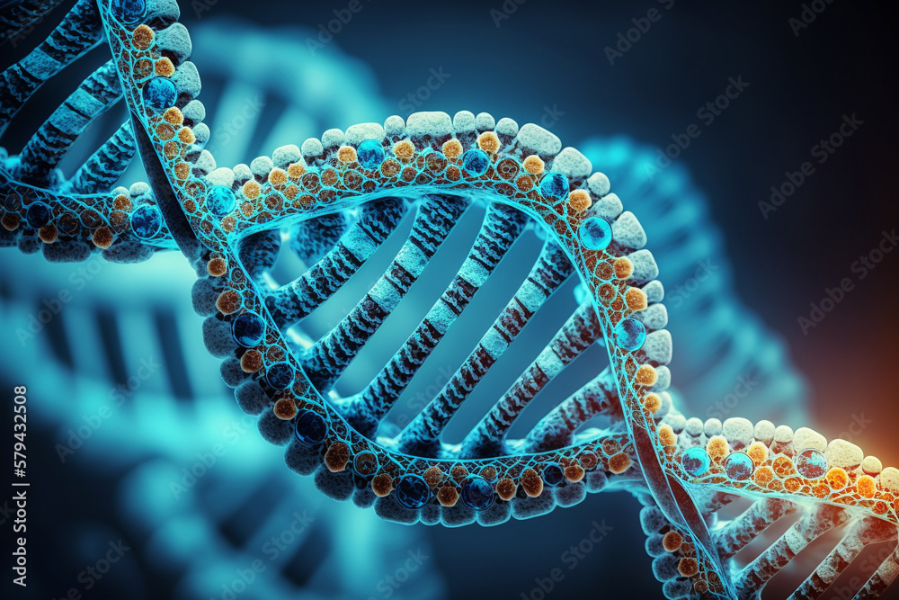 Concept of human DNA details view under the microscope. Blue helix ...