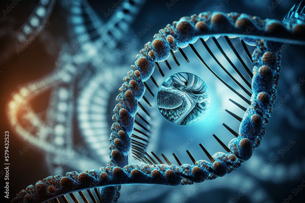 Concept of human DNA details view under the microscope. Blue helix ...