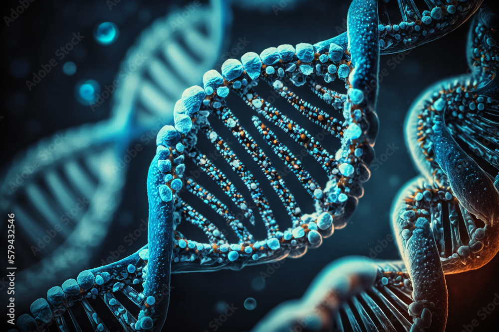 Concept of human DNA details view under the microscope. Blue helix ...