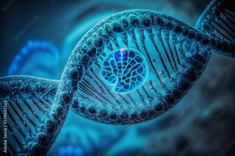 Concept of human DNA details view under the microscope. Blue helix ...