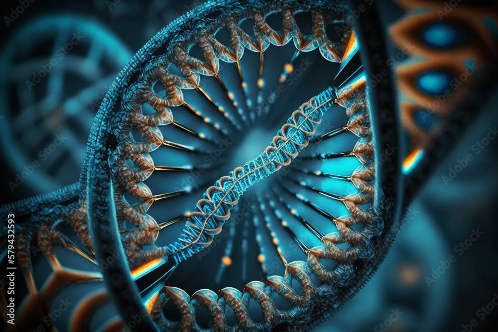 Concept of human DNA details view under the microscope. Blue helix ...