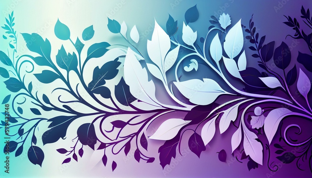 A purple and blue gradient background with a subtle leafy vine pattern ...