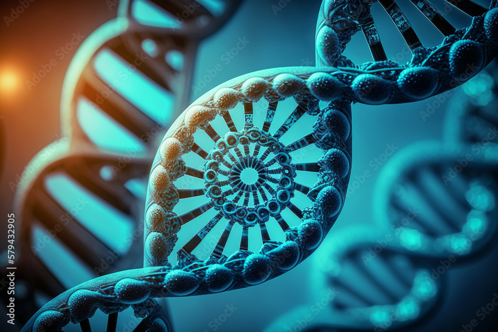 Concept of human DNA details view under the microscope. Blue helix ...