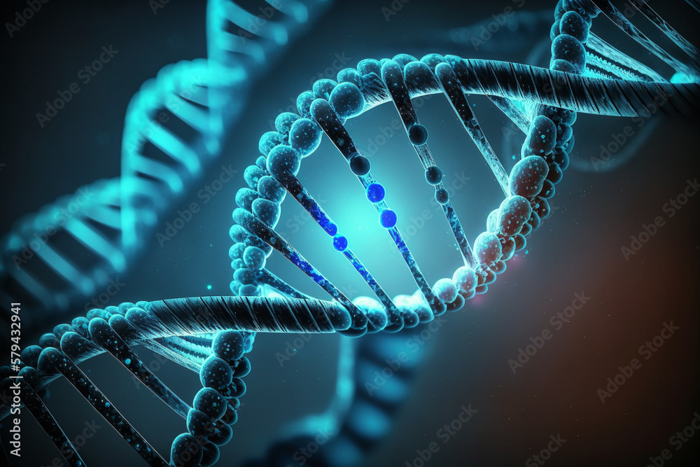 Concept of human DNA details view under the microscope. Blue helix ...