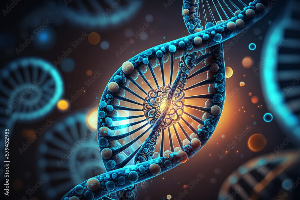 Concept of human DNA details view under the microscope. Blue helix ...
