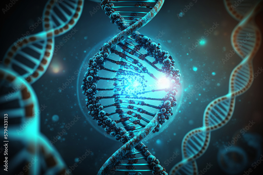 Concept of human DNA details view under the microscope. Blue helix ...