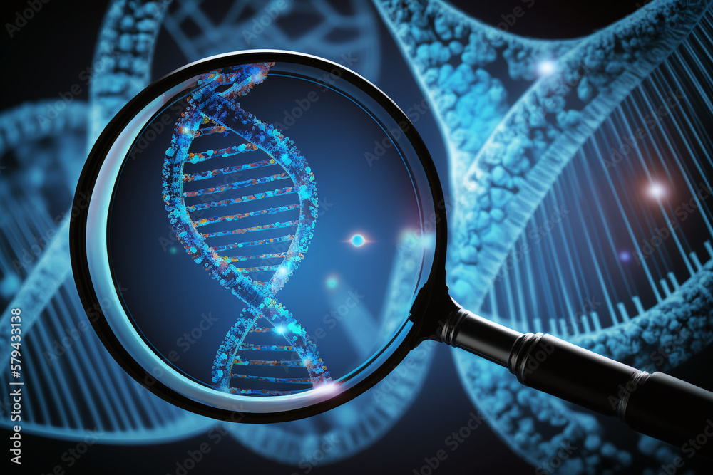 Concept of human DNA details view under the microscope. Blue helix ...