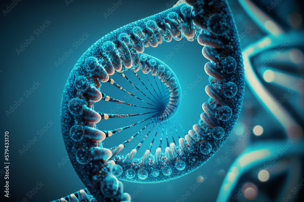 Concept of human DNA details view under the microscope. Blue helix ...